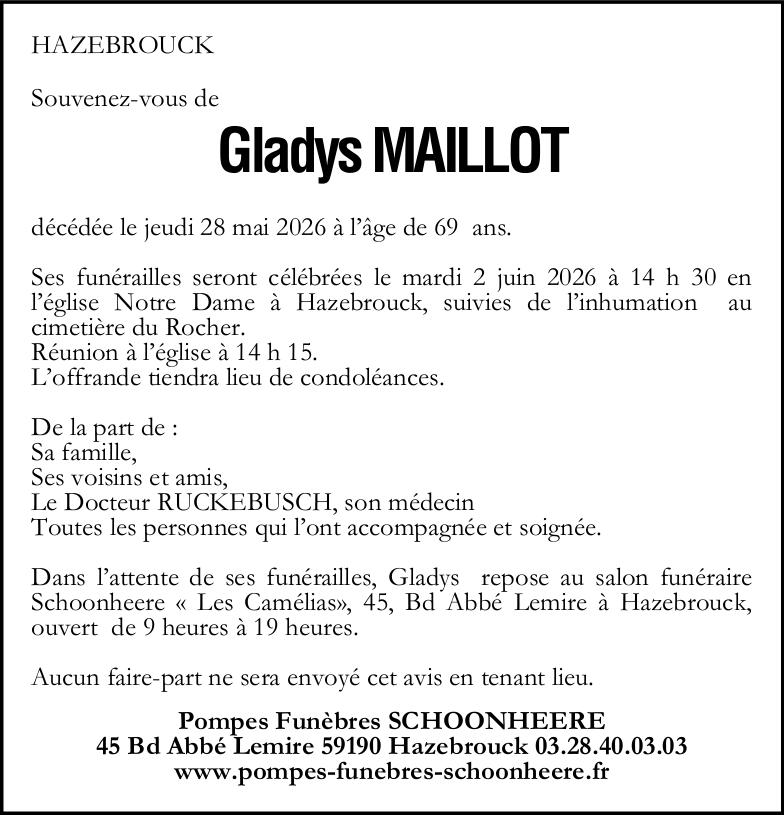 Avis de décès - Gladys MAILLOT - Pompes Funèbres Schoonheere